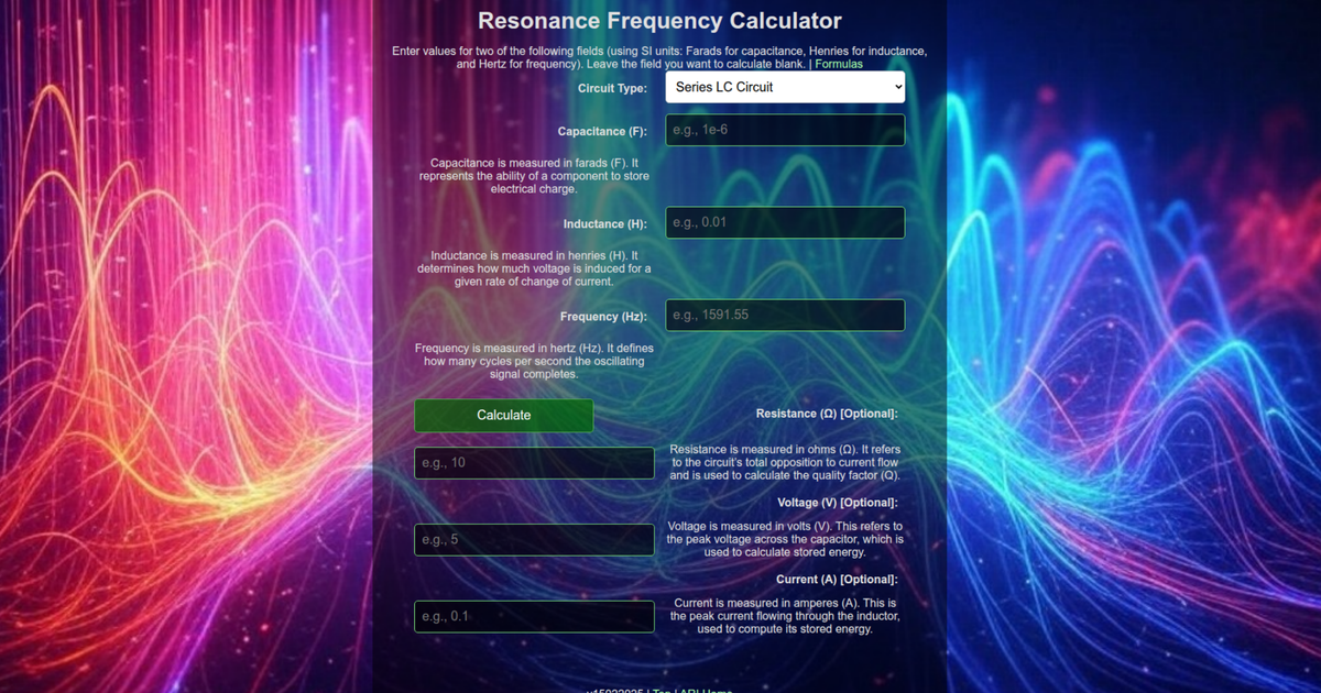 Resonance Frequency Calculator for LC, RLC & Tank Circuits | Aether ...